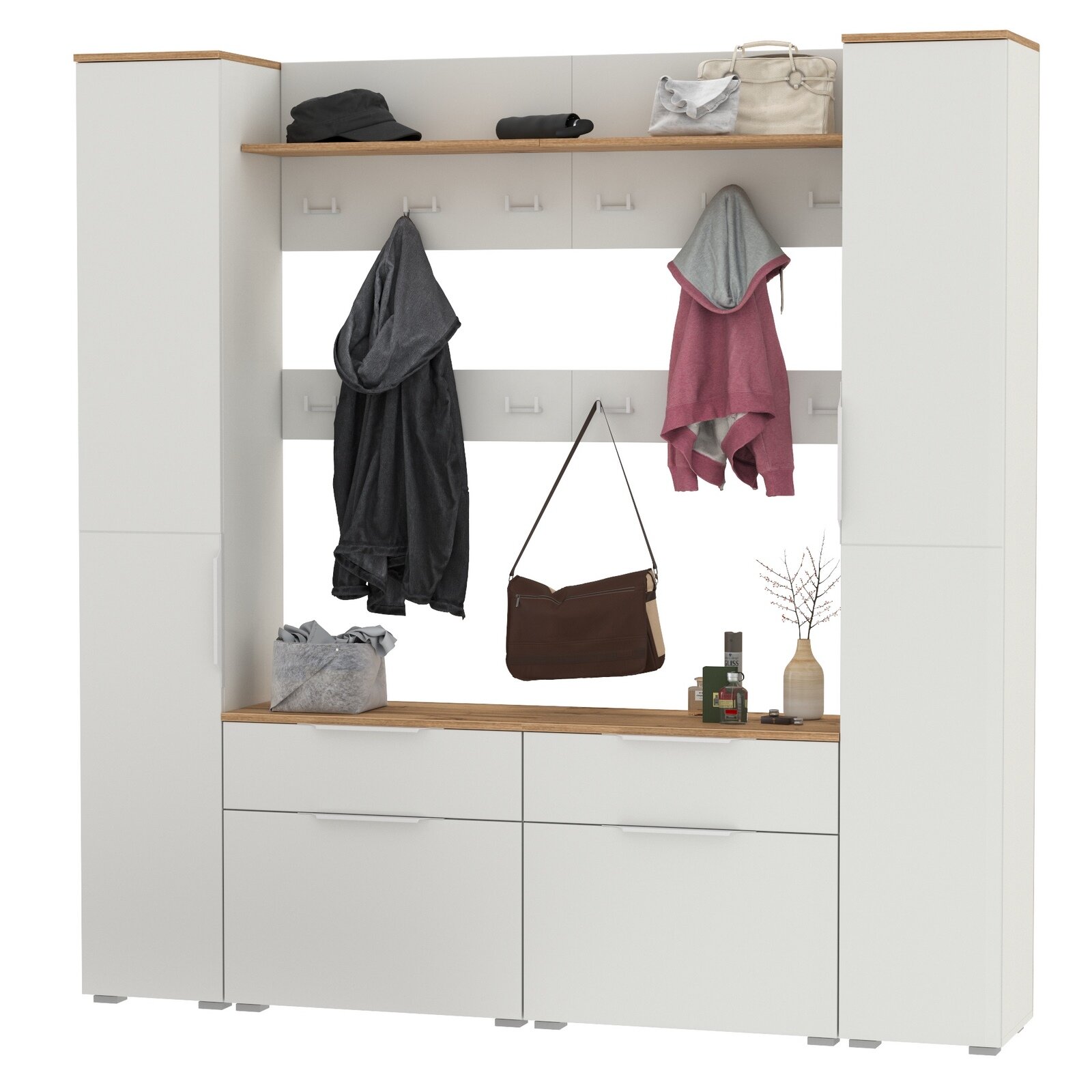 Узкая мебель в прихожую Моби Октава № 35 цвет белый шагрень/дуб крафт золотой, 194,2х35,4х197,6 см