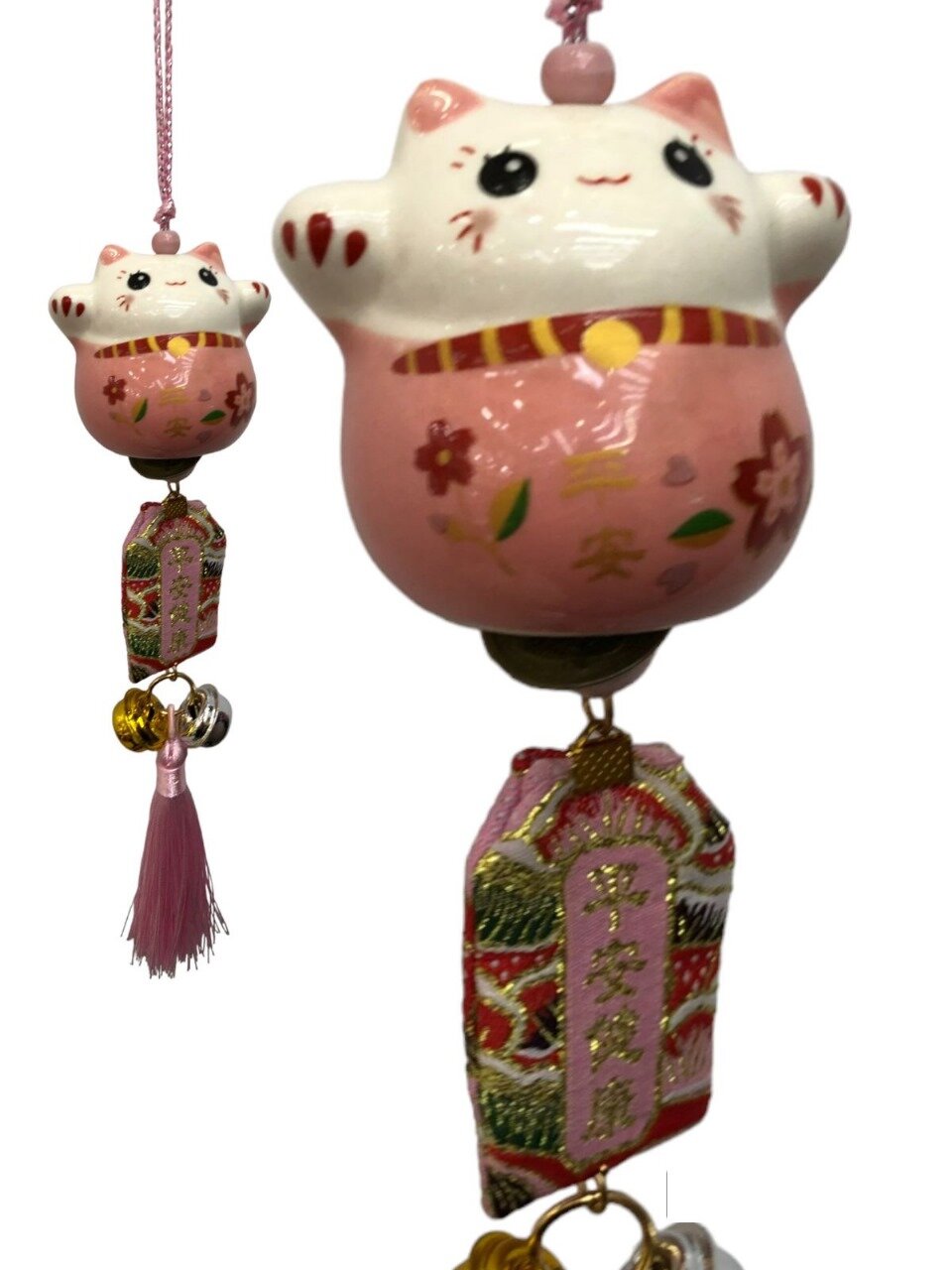 Японская подвеска авторская Счастливый кот Манэки Нэко керамика Премиум 37 см, Розовая