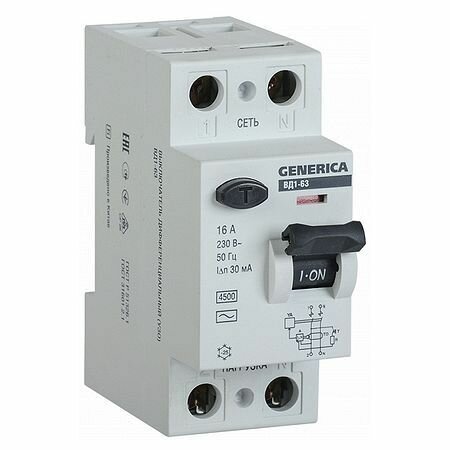 Устройство защитного отключения IEK GENERICA 2P 32А 30мА (AC), MDV15-2-032-030