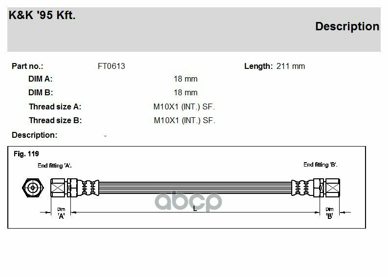 Шланг тормозной DAEWOO Nubira (KLAJ) 1.6 16V 2.0 16V 02.97-. K&K арт. ft0613
