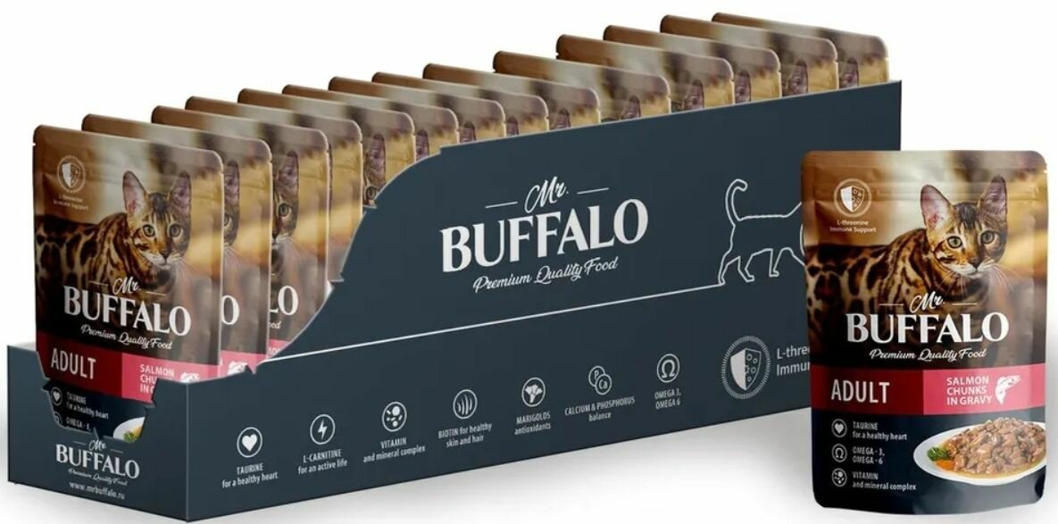 Mr.Buffalo Влажный корм для взрослых кошек с чувствительной кожей Adult Hair & Skin, лосось в соусе, 85 г, 24 шт