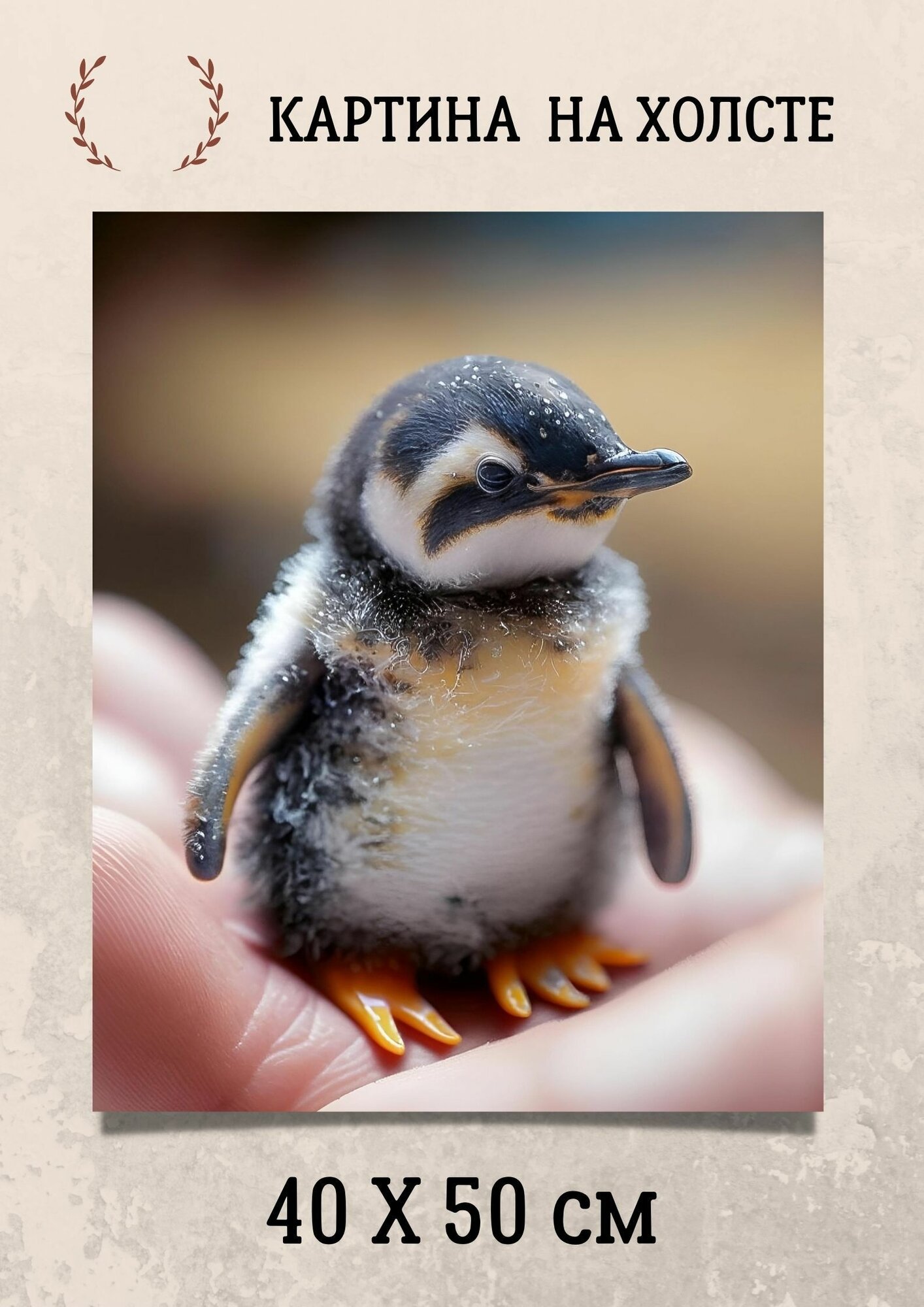 Картина интерьерная с ручными животными - "Маленький пингвиненок в руках"