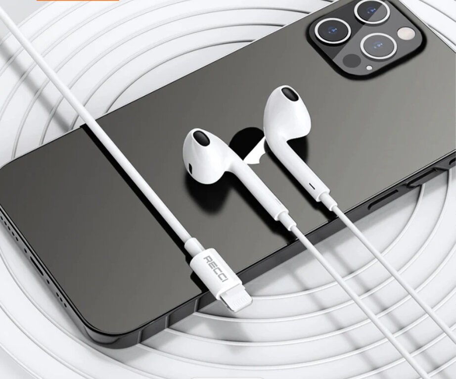 Наушники проводные Recci REP-L28 Wired Earphone, с микрофоном, Lightning 120 см, Белый