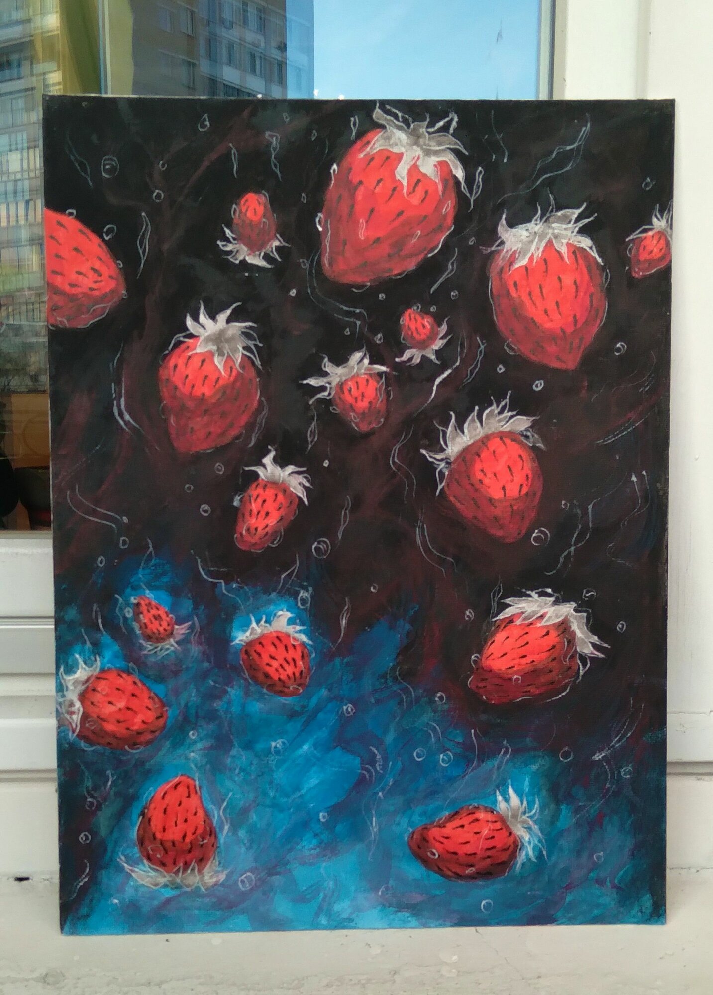 Картина акрилом Клубника в воде 30 х 40 см. без рамы