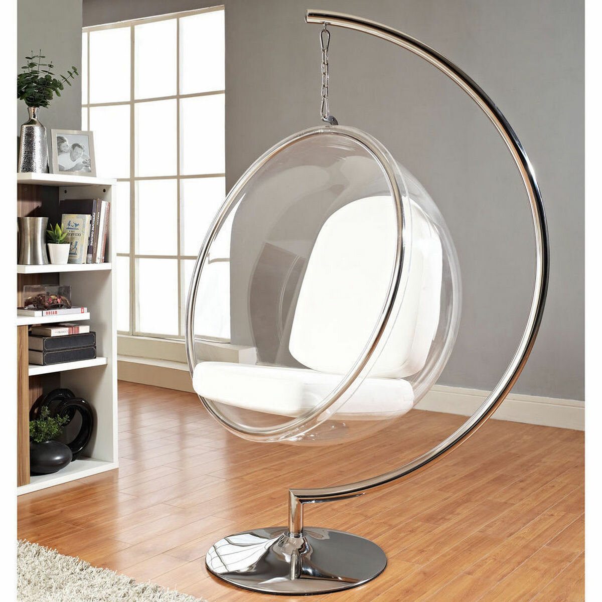 Кресло пузырь Bubble Chair Base, подвесное на ножке размер 106 см (белый, велюр, хром)