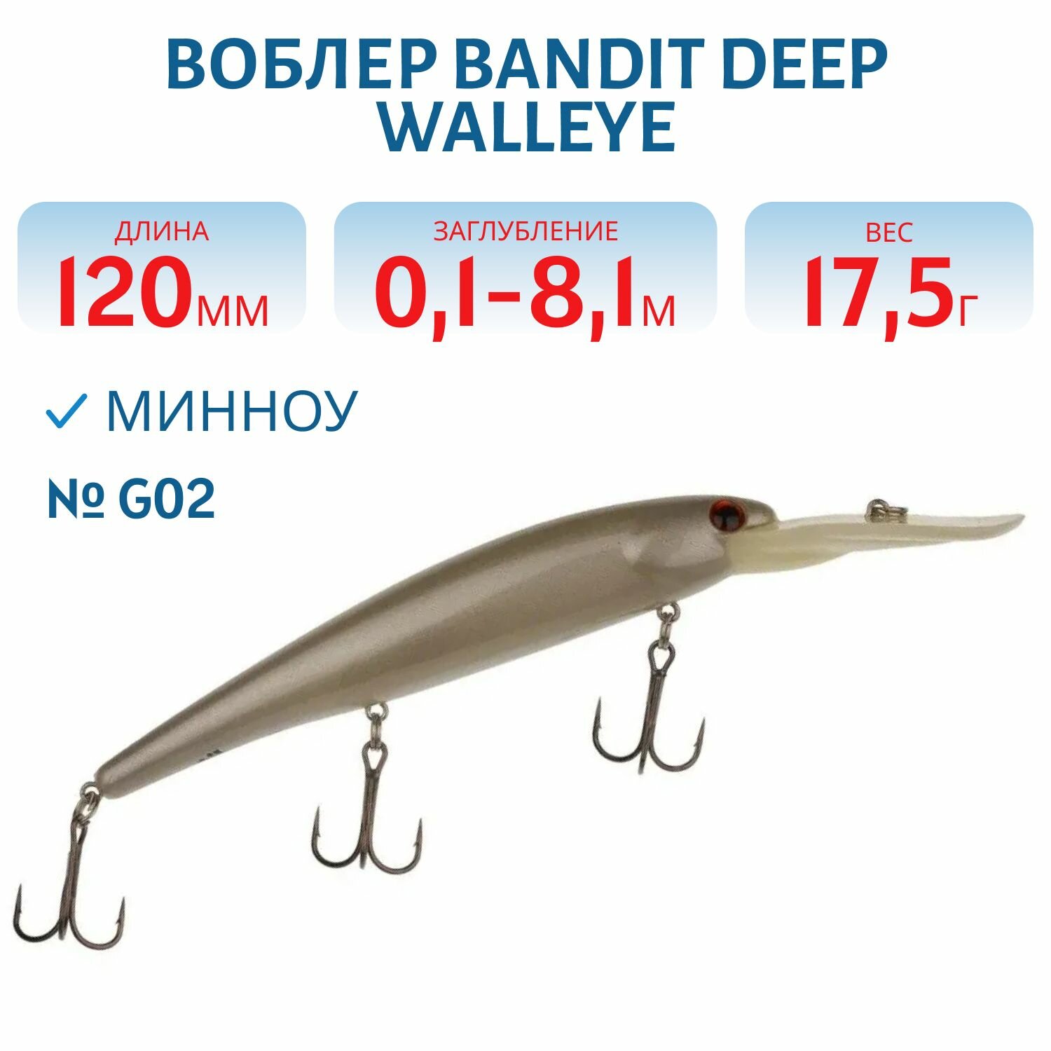 Воблер BANDIT DEEP WALLEYE, 120 мм, 17,5 гр, цвет G02