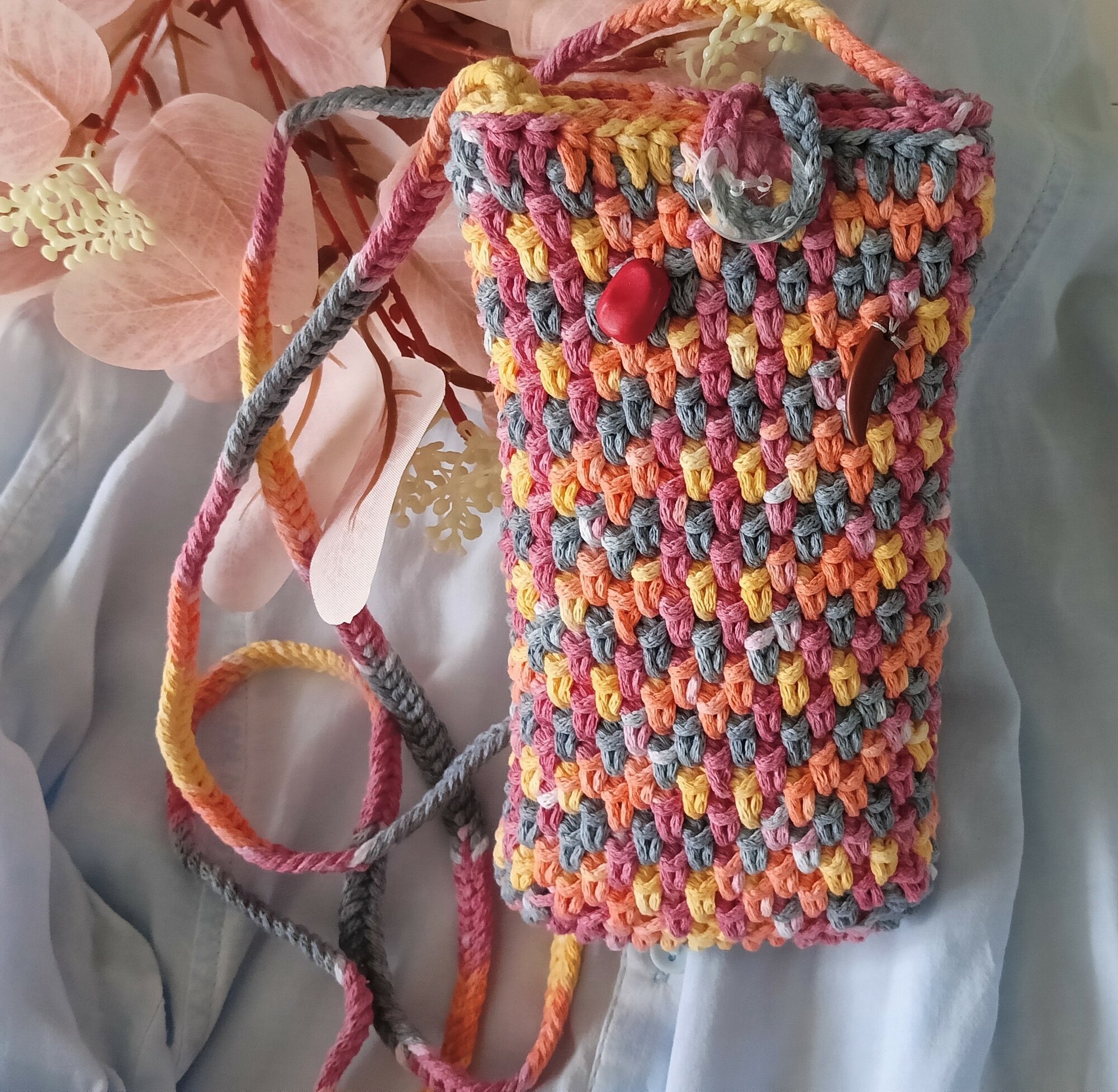 Чехол для смартфона, через плечо, вязанный, хлопок, с бусинами, женский