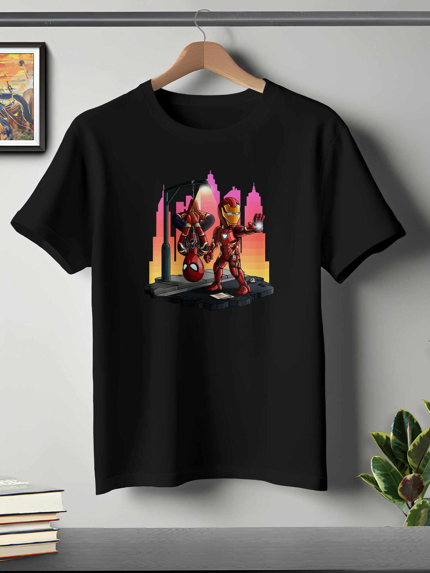 Футболка  Детская ONEQ 128 (8-9) размер с принтом Железный человек и Человек Паук, черная