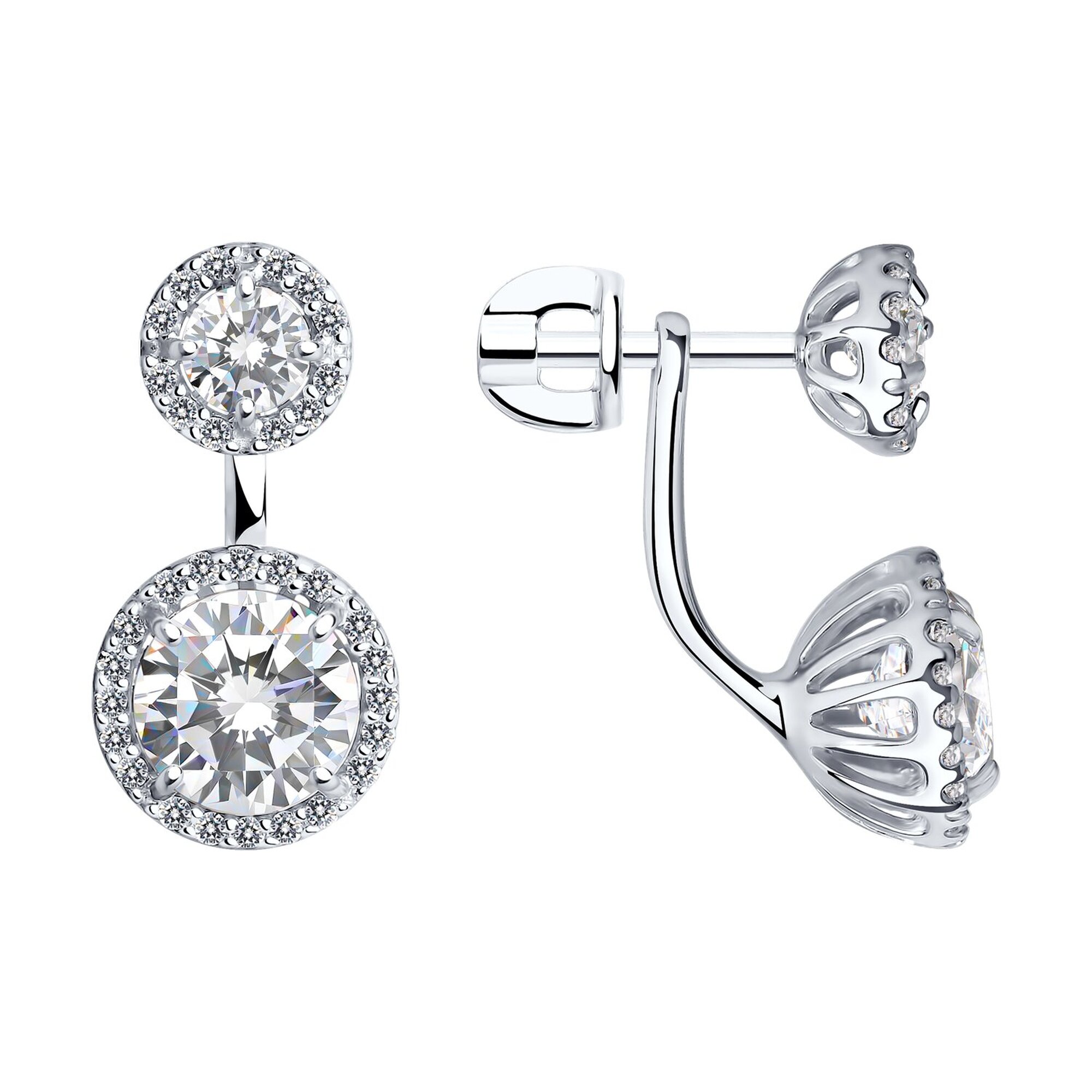 Серьги пусеты, трансформеры, серебро, 925 проба, родирование, фианит