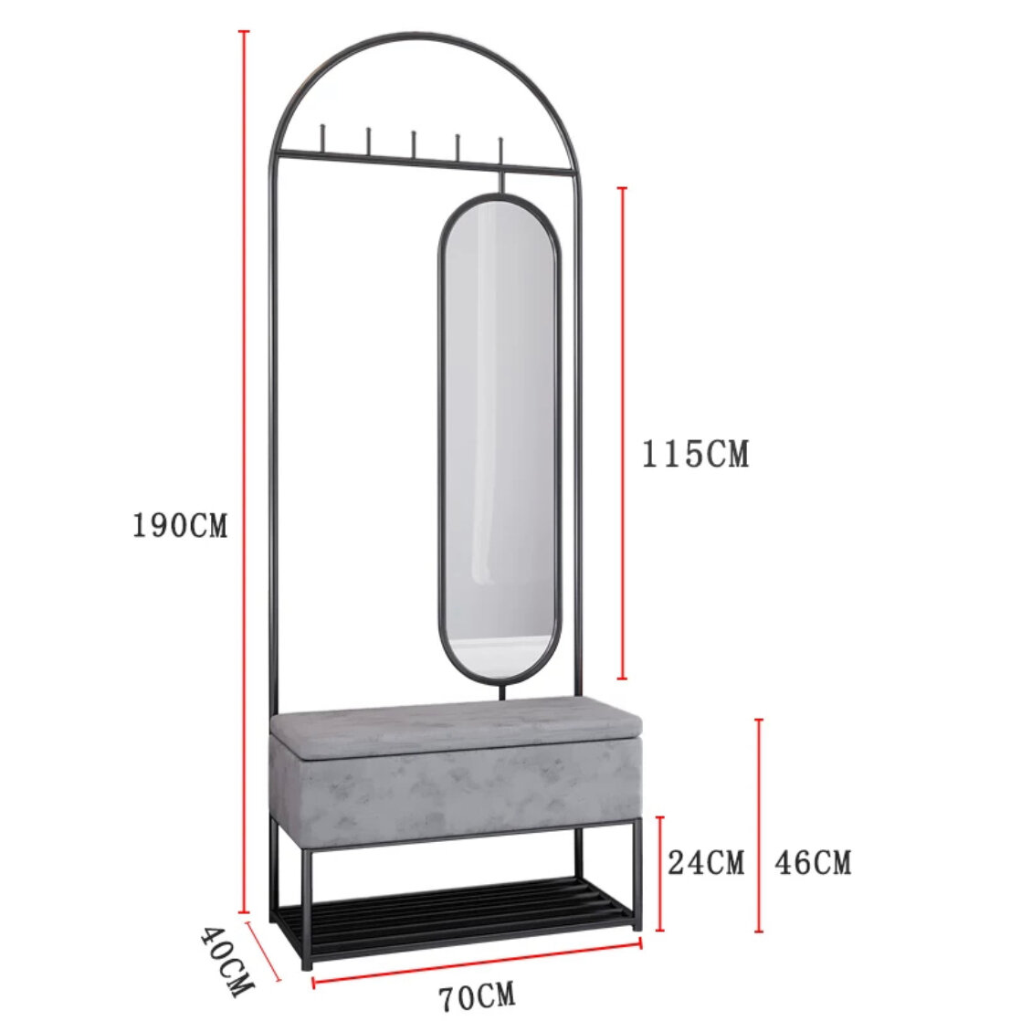 Вешалка с обувницей Arco (основание чёрное / серая ткань / с зеркалом)