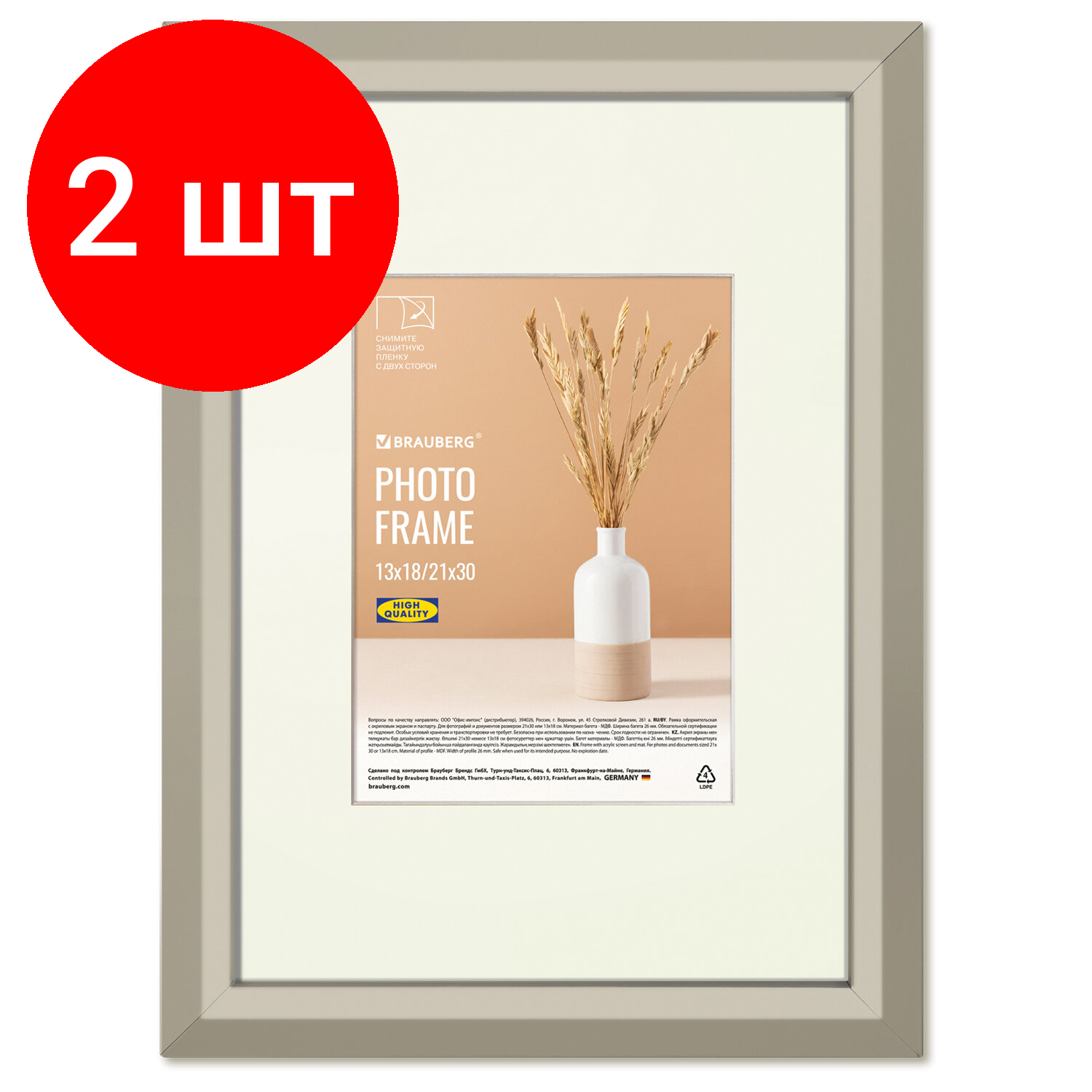 Комплект 2 шт, Рамка 21х30 см с паспарту 13х18 см, небьющаяся, аналог IKEA, багет 26 мм, МДФ, BRAUBERG "Zool", серая, 391377