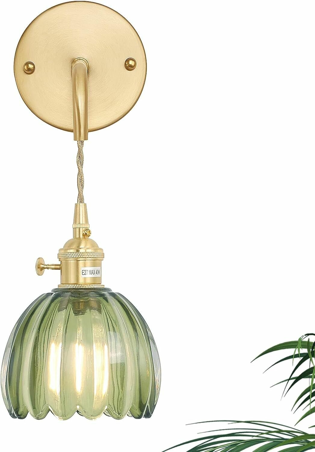 Бра ретро с абажуром тюльпан и регулируемым шнуром, зеленое стекло, для спальни и гостиной
