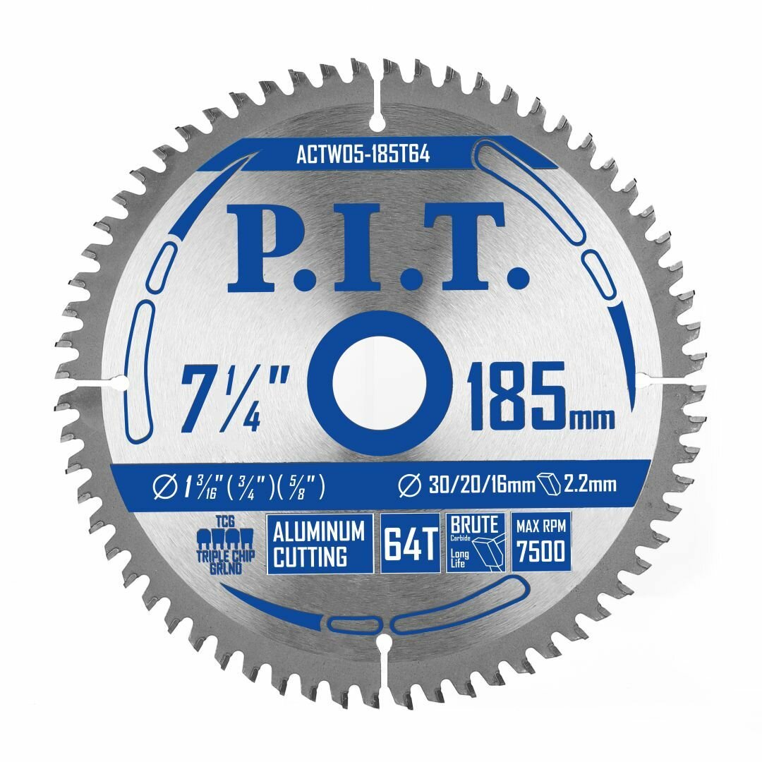 Диск пильный по алюминию P.I.T. 185x30/20/16x2 мм 64T(ACTW05-185T64)