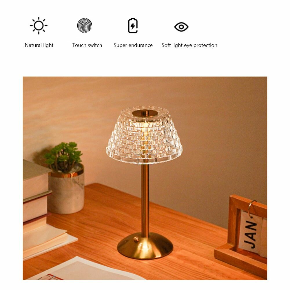 Хрустальная настольная лампа, сенсорная, с металлическим основанием, беспроводная перезаряжаемая