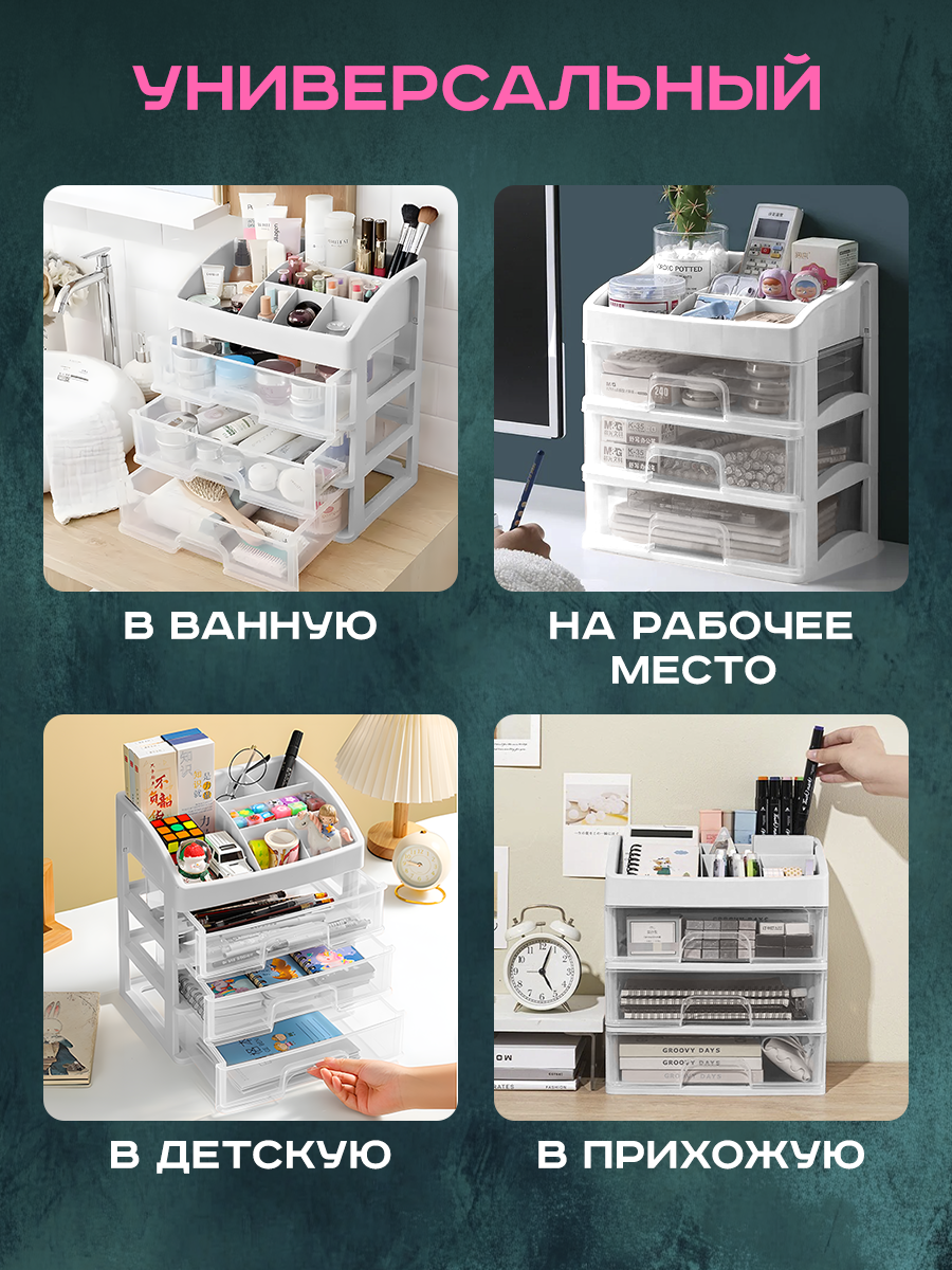 Органайзер WiMi MUSEN, для косметики, 4 ящика, прозрачный, 27х20х31 см