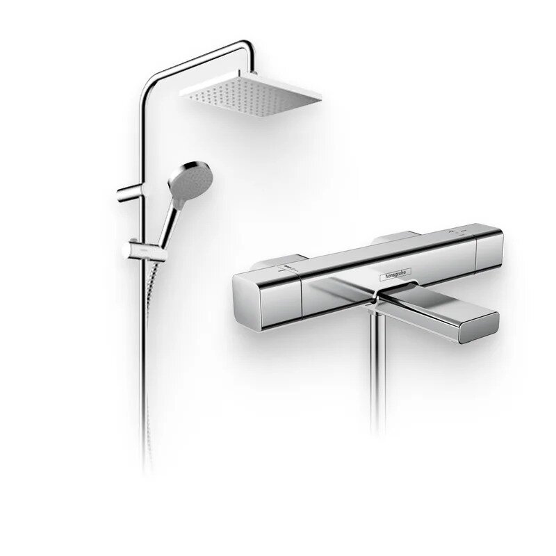 Душевой комплект Термостат Hansgrohe Ecostat E 15774000 для ванны с душем + Стойка Vernis Shape 26282000 Showerpipe 230 1jet Reno хром