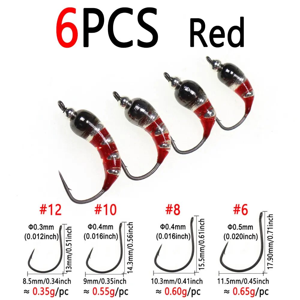 6шт Мушки Bimoo Red #6 #8 #10 #12, 0.35-0.65г