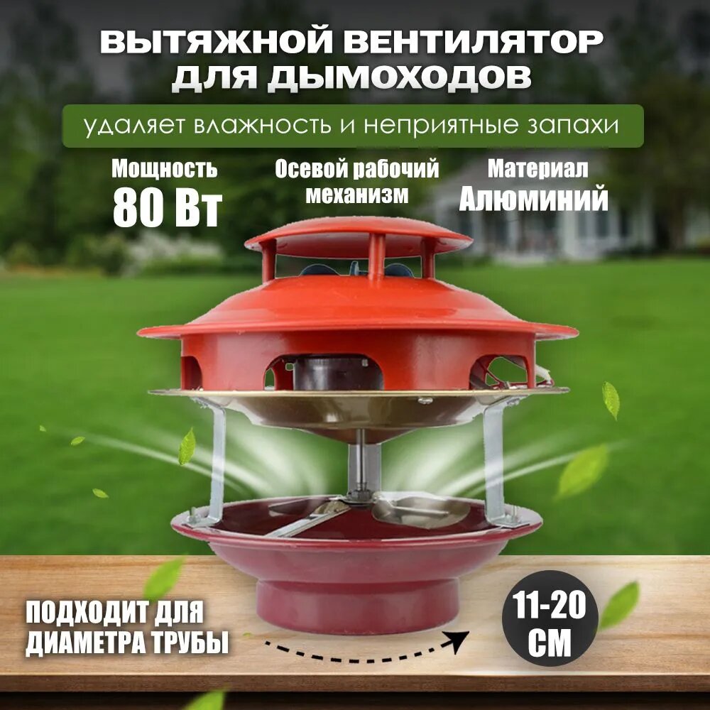 Вентилятор вытяжной от задымленности, газа, пара, влажности, 80Вт, красный, для дымоходов