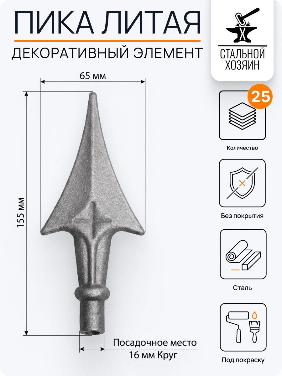 25 шт Кованый элемент Пика стальная 155х65 мм Посадочное место 16 мм (Круг)