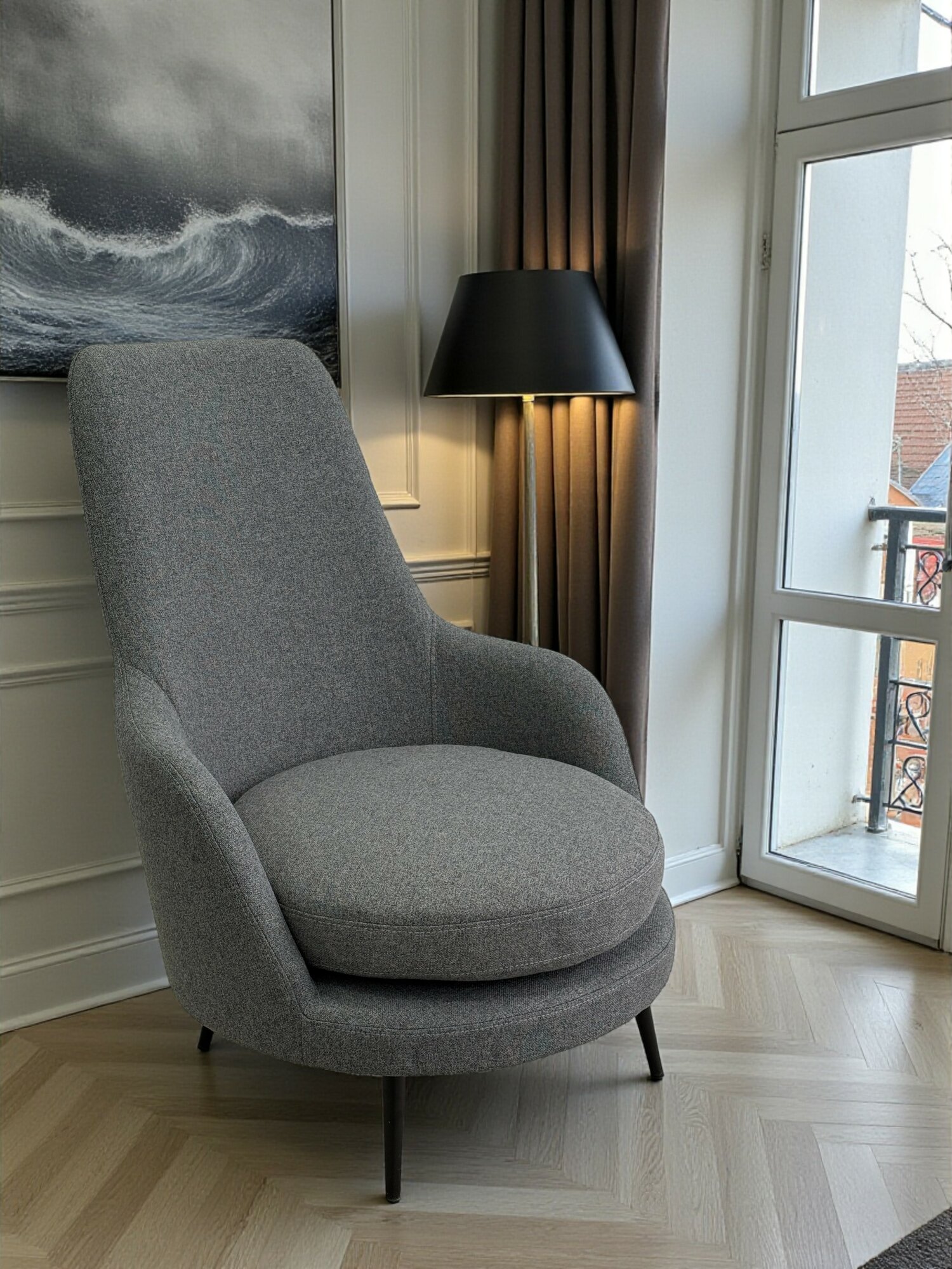 Кресло мягкое для дома и отдыха Бонфи, с высокой спинкой, серое