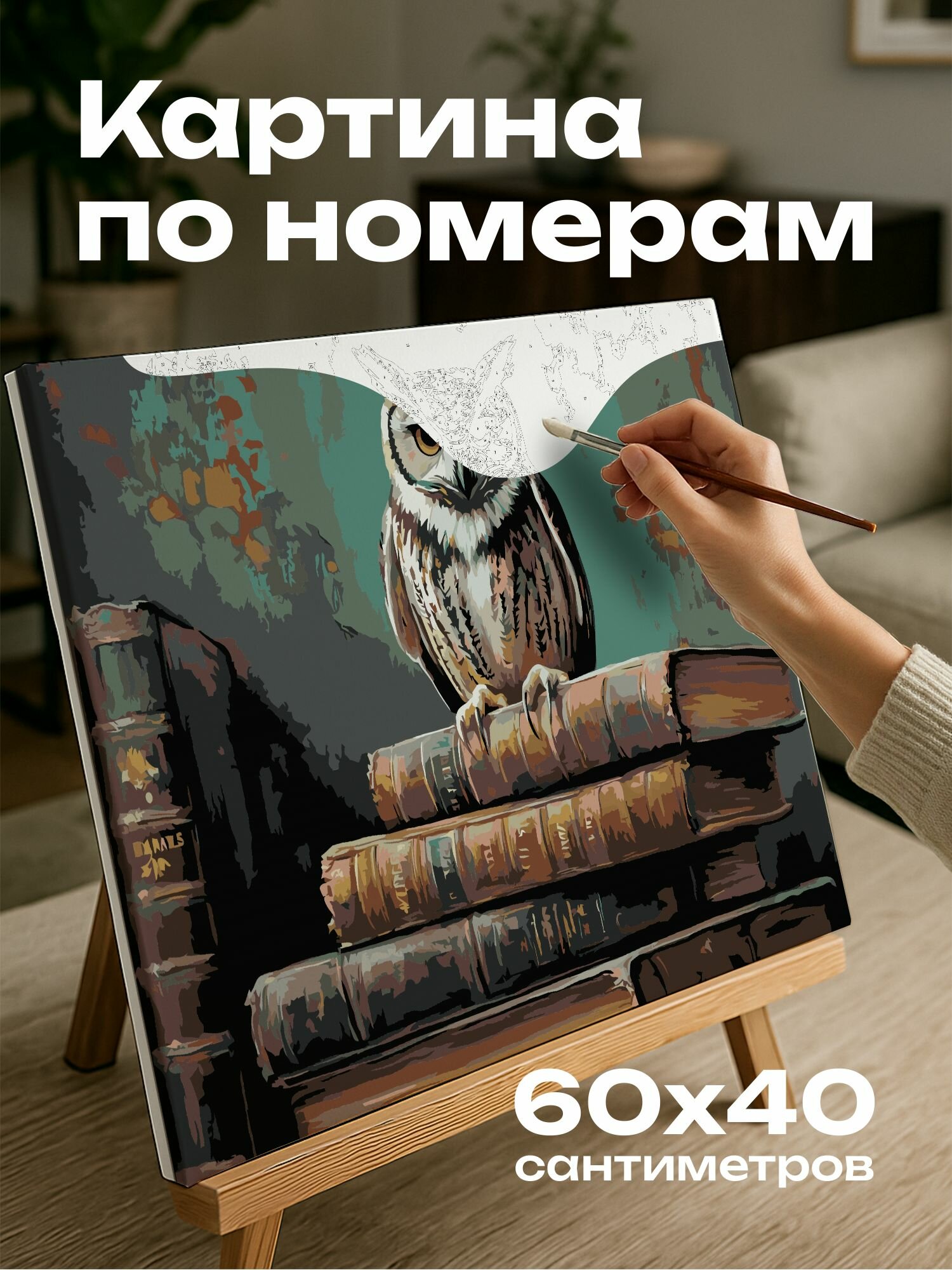 Картина по номерам 60x40 см, сова, масляная картина, старинные книги, аура знания, загадочность