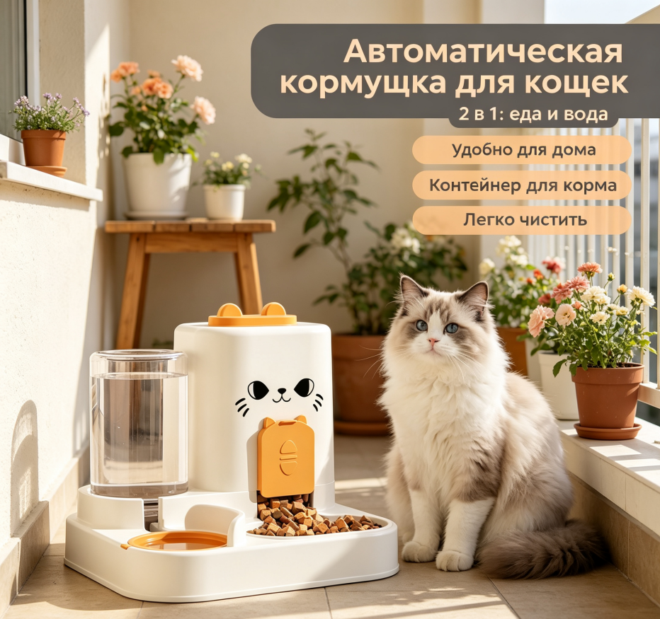 Автоматическая кормушка‑поилка для кошек 2 в 1, большая емкость, миска для еды и воды для питомцев