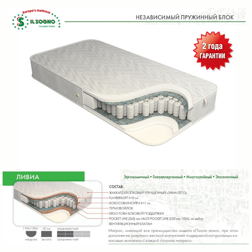 Матрас анатомический Ливиа 520 пр./м. кв. 22см 190х210