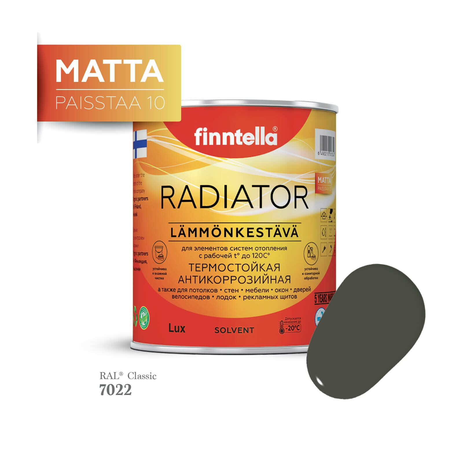 Краска для радиаторов быстросохнущая финская эмаль FINNTELLA RADIATOR Matta. Матовая. Цвет RAL7022 , 0,9л