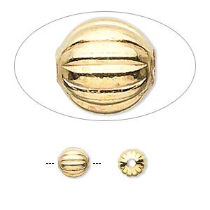 Бусина металлическая, 6мм, с бороздками, базовый материал - латунь, позолоченная, 10 шт.