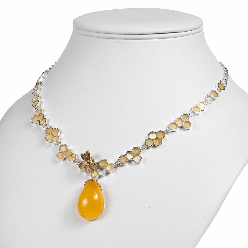 Колье, серебро, 925 проба, янтарь