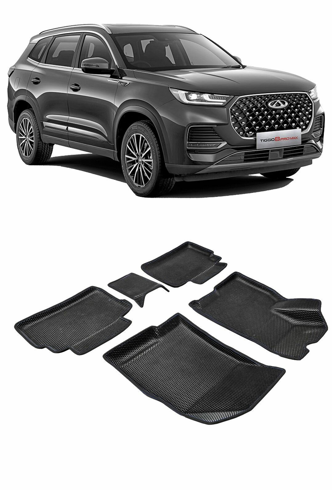 EVA коврики Chery Tiggo 8 PRO 5 мест пресс борта. Чёрный ромб c чёрной окантовкой. ЭВА коврики с бортиком в салон автомобиля Чери Тигго 8 Про