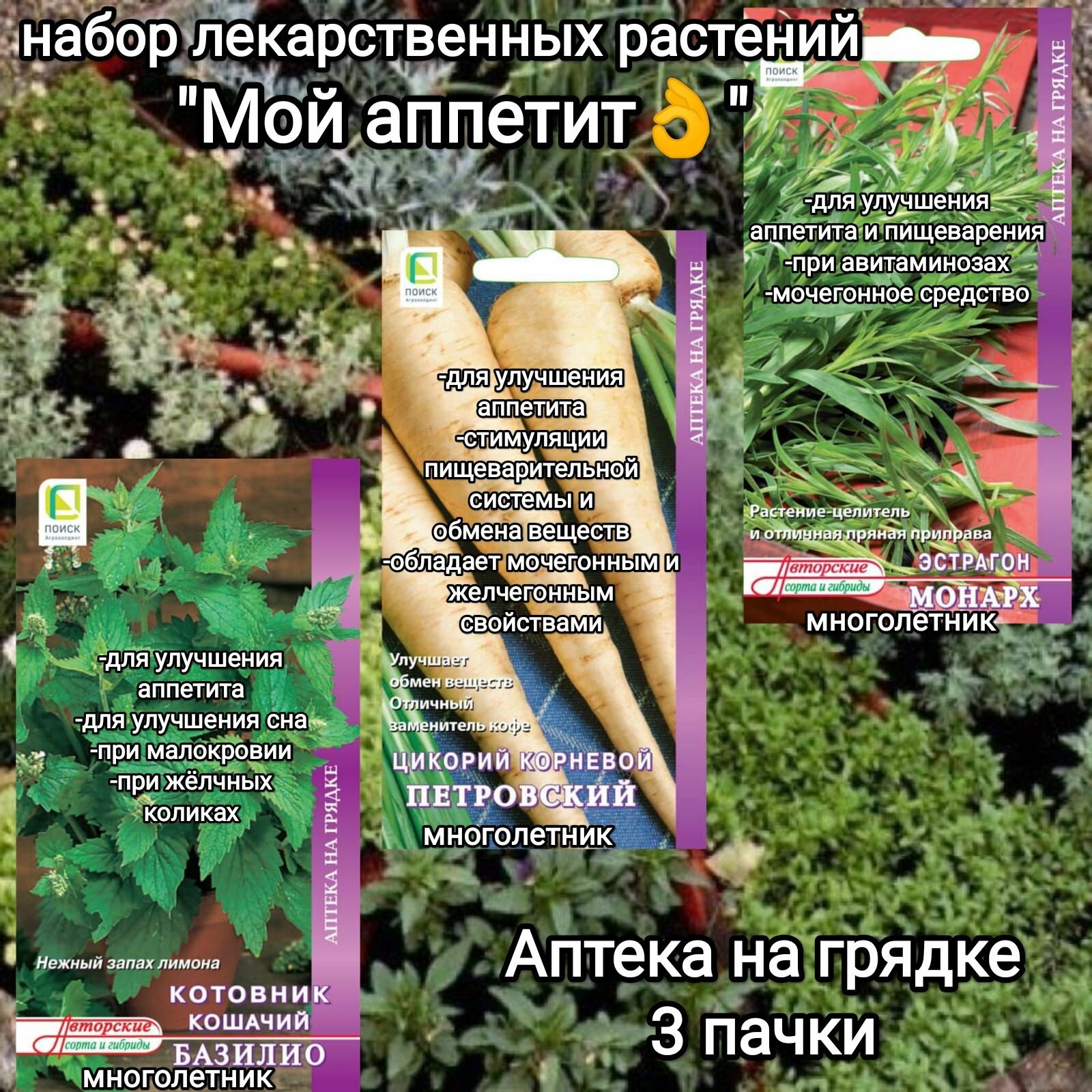 Набор лекарственных растений "Мой аппетит", семена "Аптека на грядке", 3 пачки, поиск Агрохолдинг