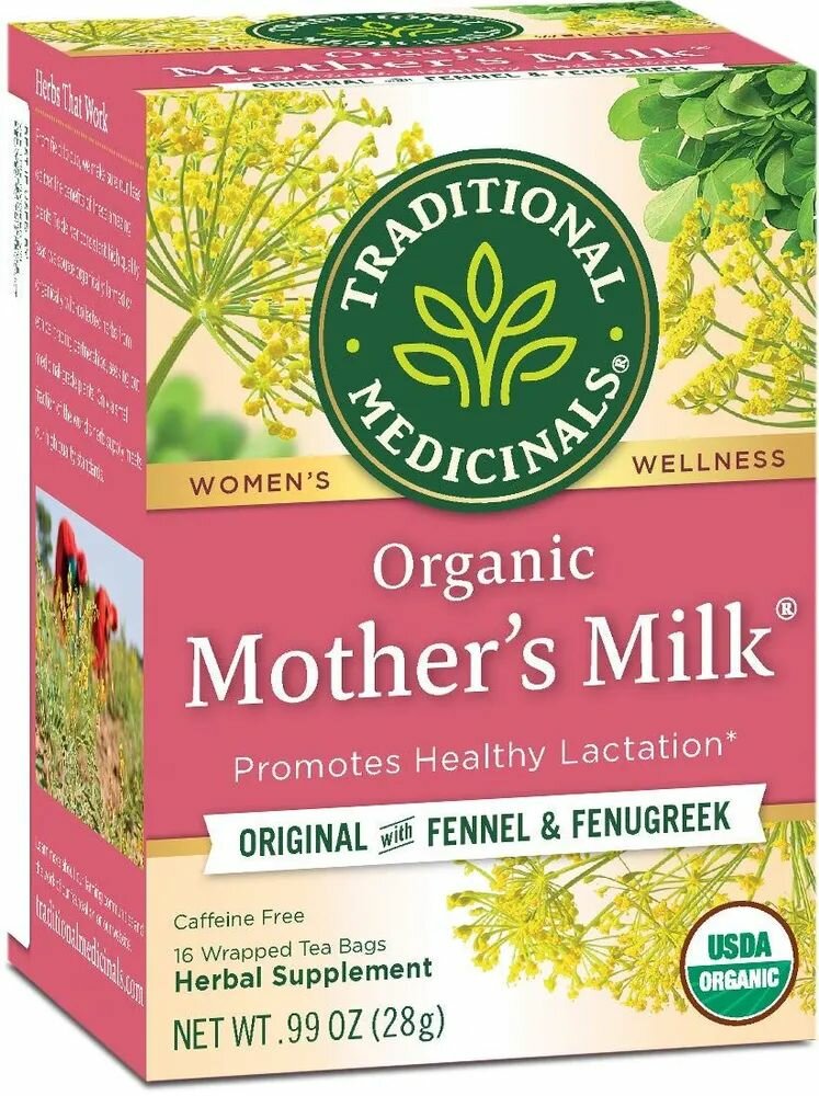 Traditional Medicinals, Mother's Milk, органический фирменный чай для лактации с фенхелем и пажитником, без кофеина, 16 пакетиков