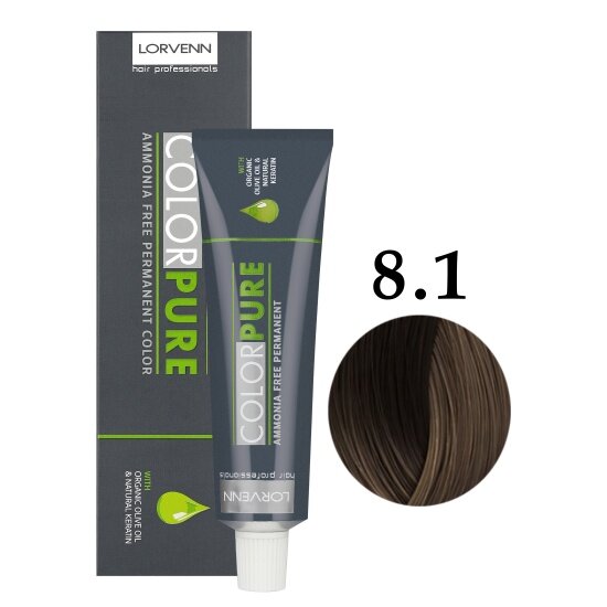 Краска для волос безаммиачная Lorvenn Color Pure, тон 8.1