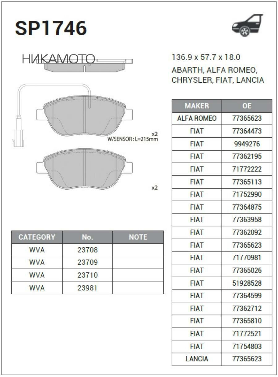 SANGSIN BRAKE SP1746 Колодки тормозные FIAT 500/BRAVO/DOBLO/PANDA/STILO 01- передн.