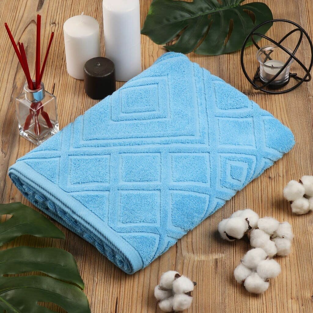 Полотенце махровое банное, для сауны, для ванны, для бассейна в подарок на День рождения, на Новый год, на Юбилей Ромбы Голубое 70*140 см