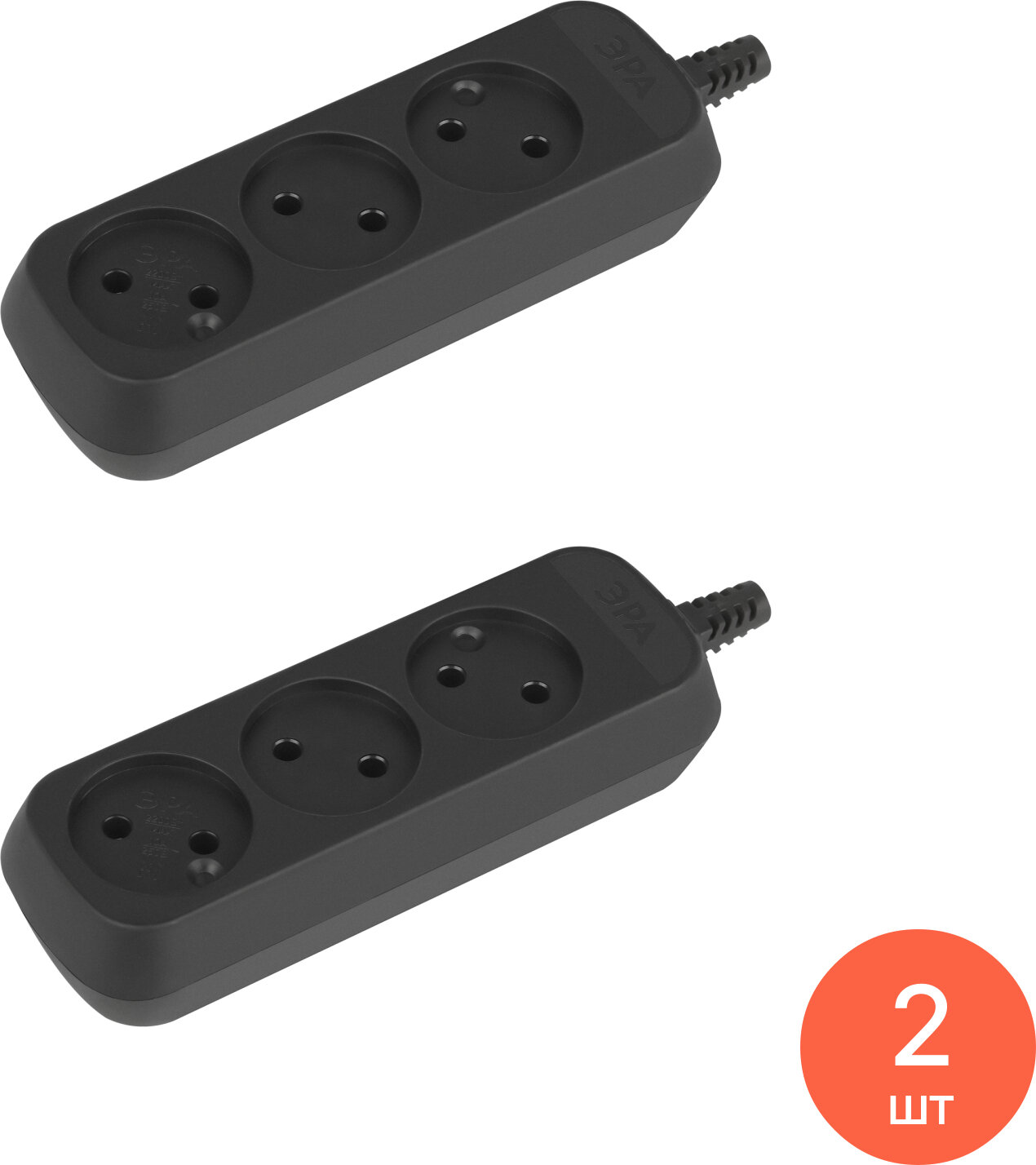 Блок розеток ЭРА KX-3-B, 3 гнезда 10А 2200Вт IP20 без заземления, черный Б0061683 / колодка электрическая для удлинителя (комплект из 2 шт)