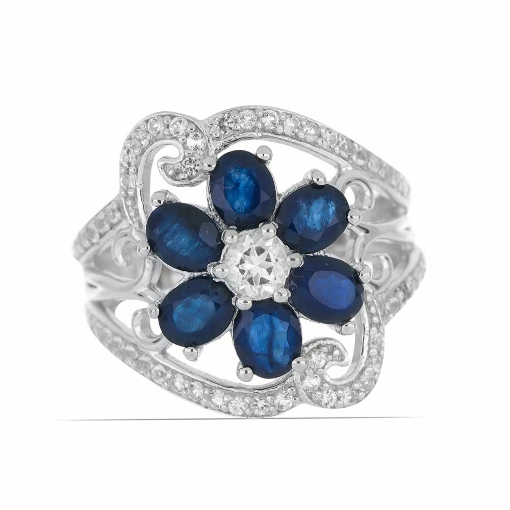 Кольцо, серебро, 925 проба, родирование, топаз, сапфир