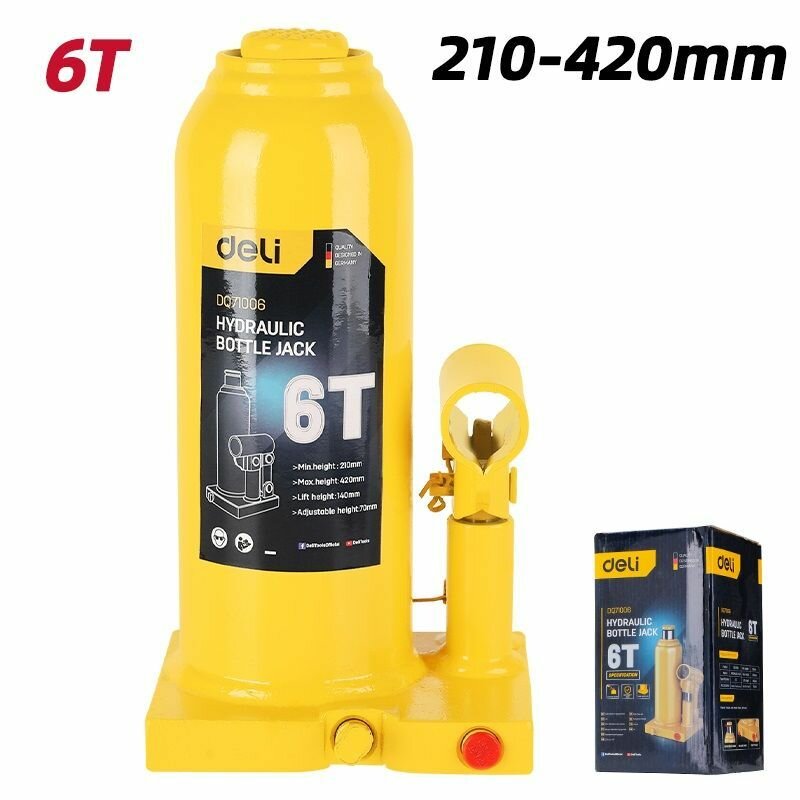 Грузоподъёмное оборудование Deli Домкрат бутылочный гидравлический Deli DQ71006 макс.грузоподъемность 6 т, высота подхвата 210мм, высота подъема 420мм, рабочий ход 140мм, ход выдвижного винта 70мм уц-2-1