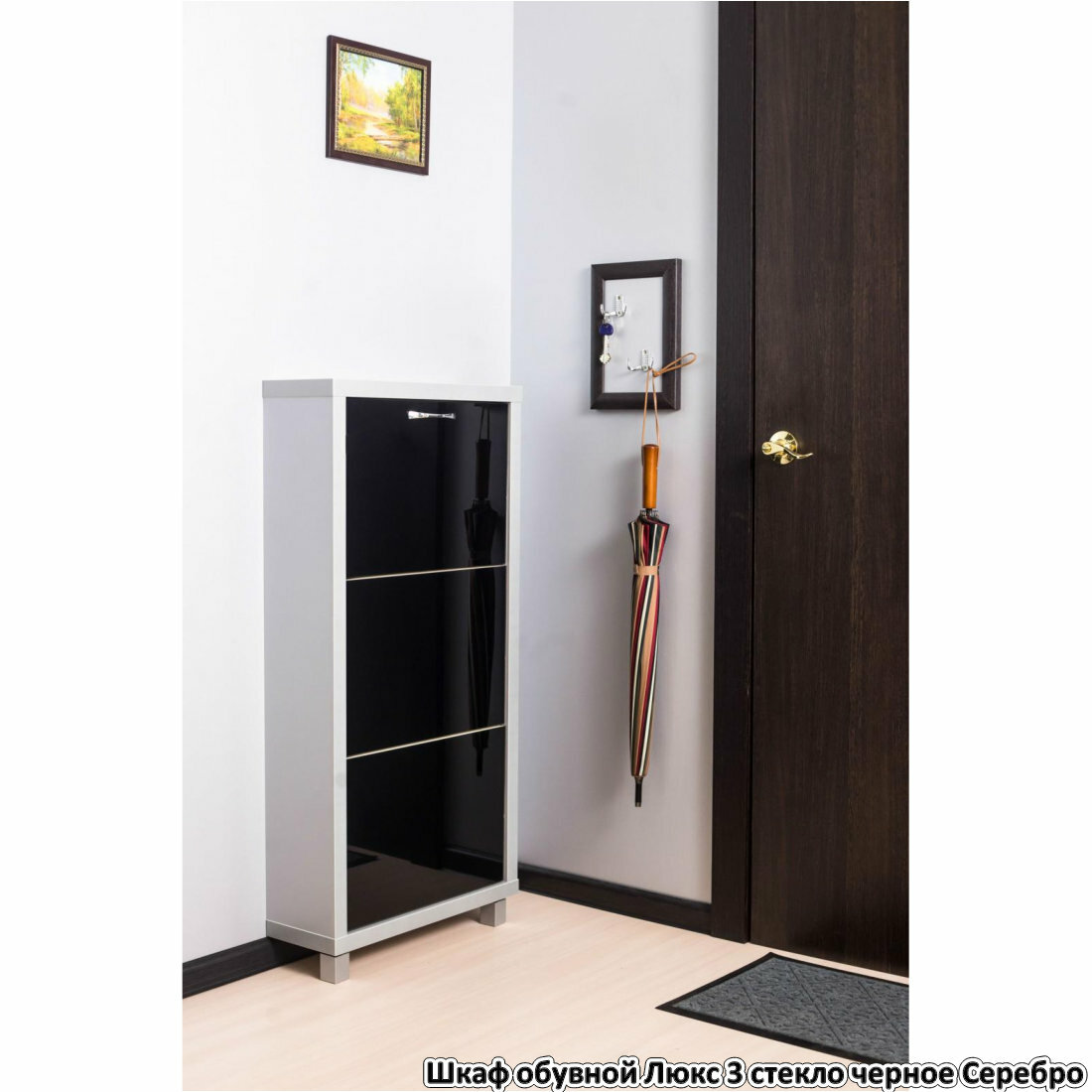 Шкаф обувной Люкс 3 стекло черное серебро, Айрон, Ш:55 см, В:107 см, Г:19 см.