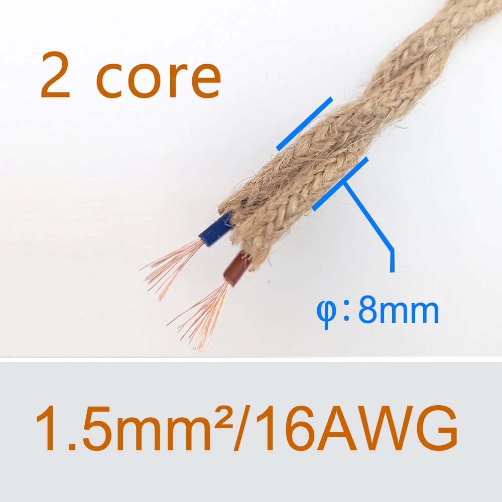 Винтажный плетеный электрический провод из пеньковой веревки 2/3 жильный 0,75/1/1,5 мм² 2 core 1.5mm, 10M
