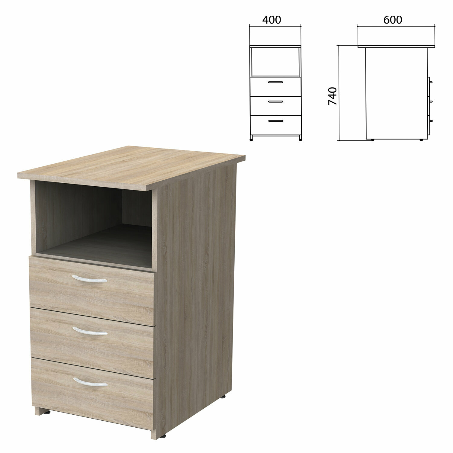 Тумба приставная бюджет 400х600х740 мм, 3 ящика, полка, дуб сонома (402657-091)