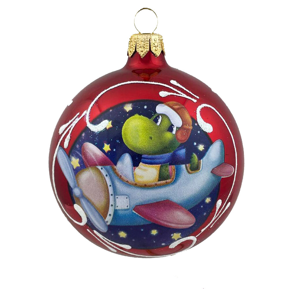 Елочная игрушка шар стеклянный дракон-летчик, диаметр 80 мм