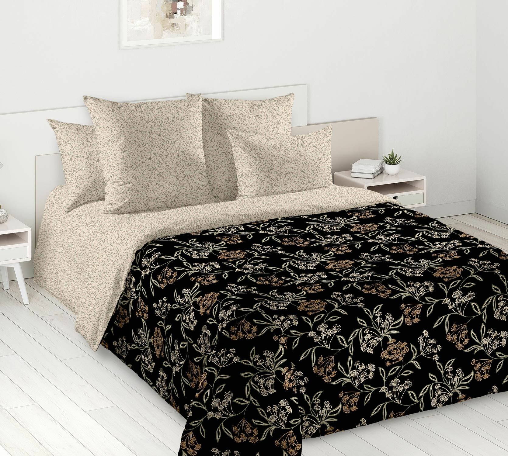 Покрывало из Перкали 200х210 Стеганое Гербарий 1 черн