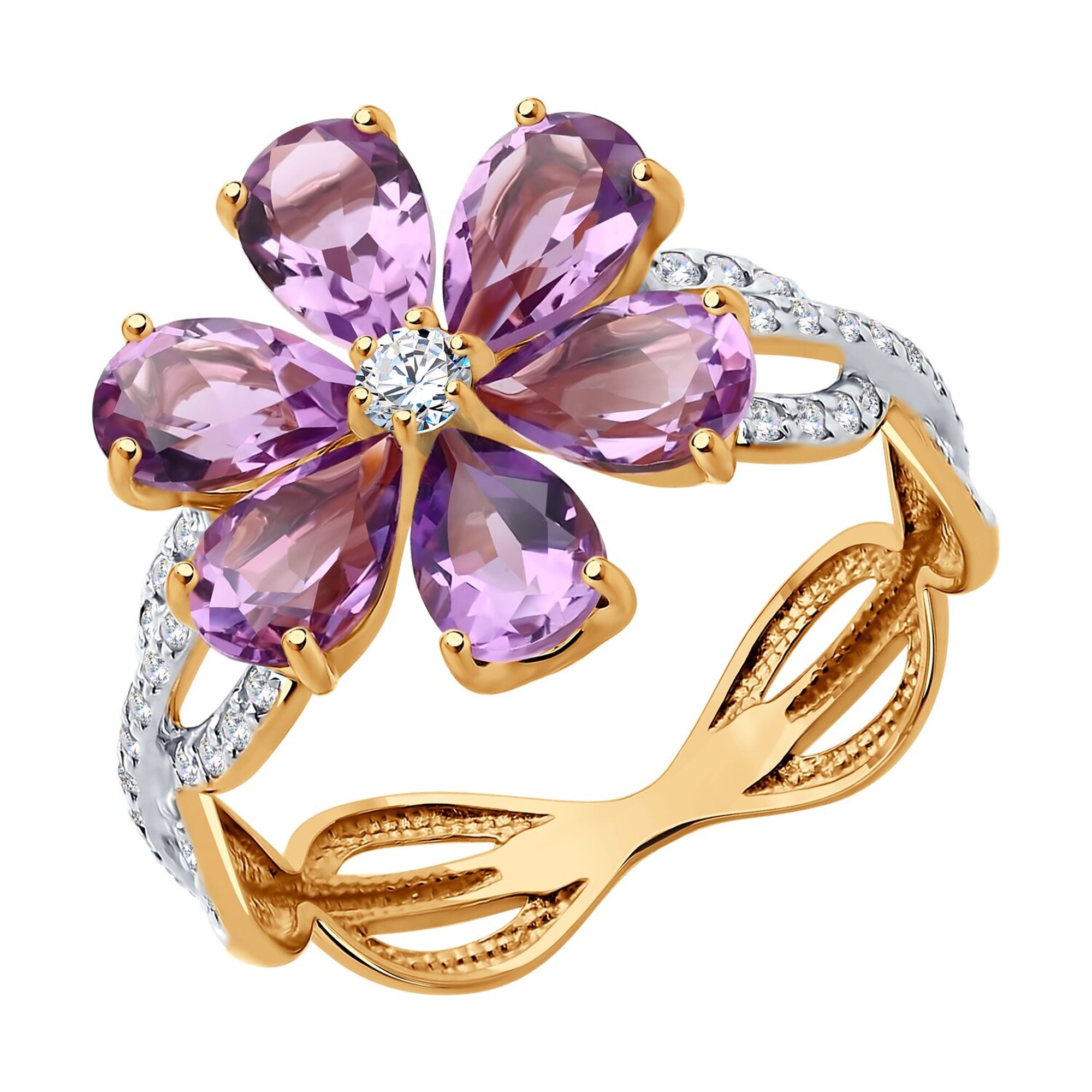 Кольцо, красное золото, 585 проба, фианит, аметист