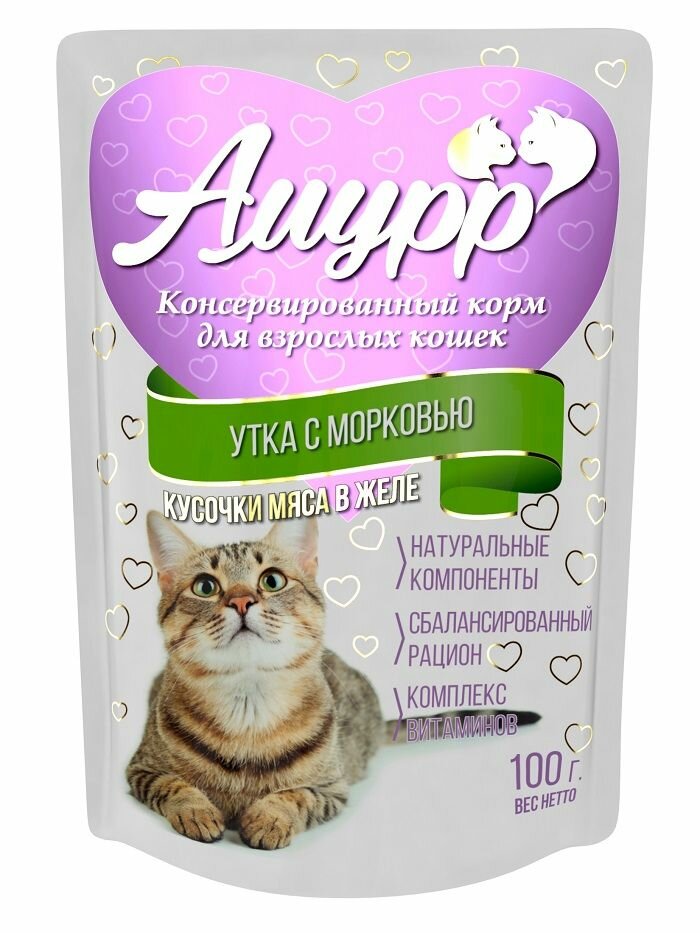 "Амурр" Корм консервированный для взрослых кошек, Утка с морковью, кусочки мяса в желе, 100г (24 пауча)