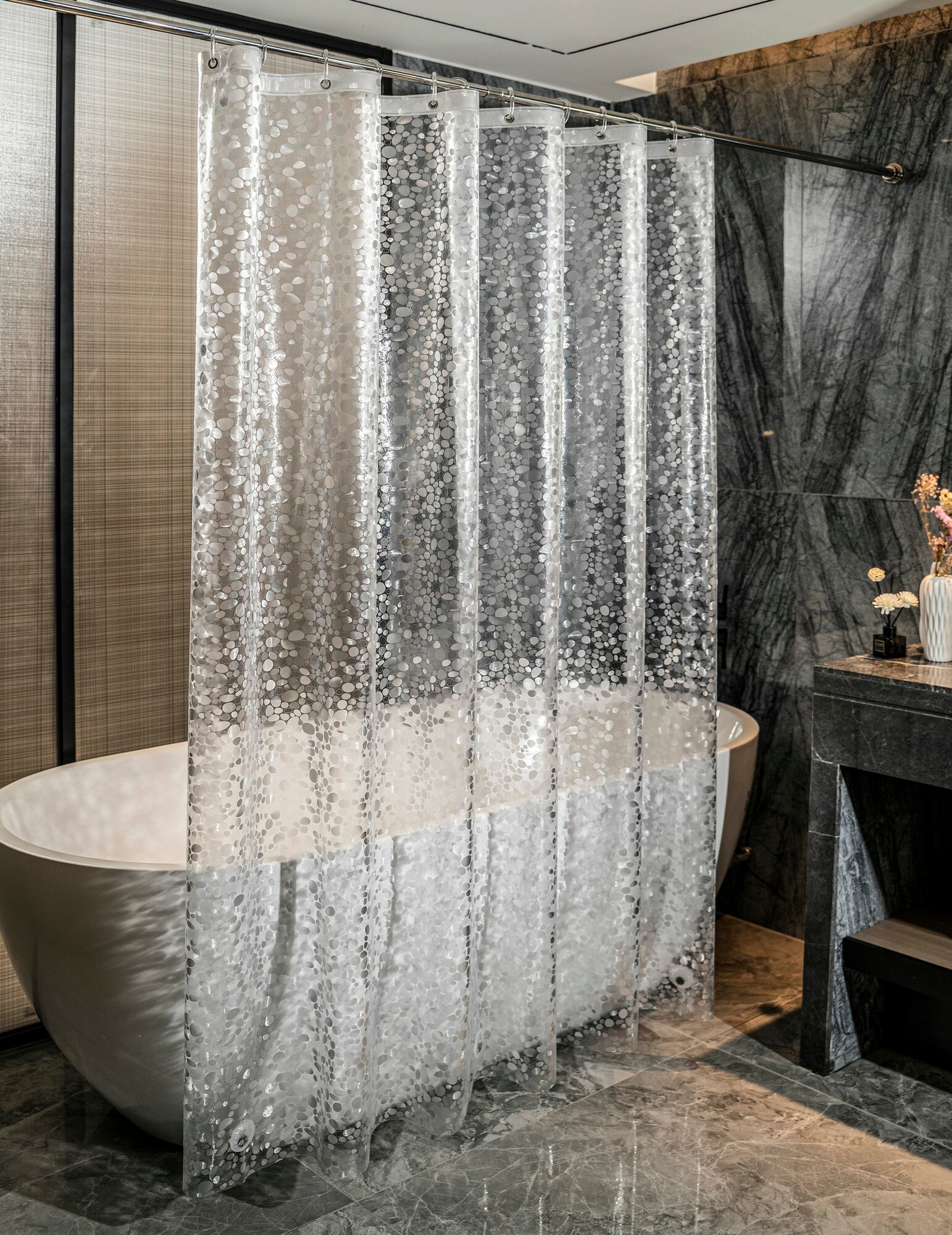 Штора для ванной 180х180 PEVA MS1001 с кольцами 3D прозрач.