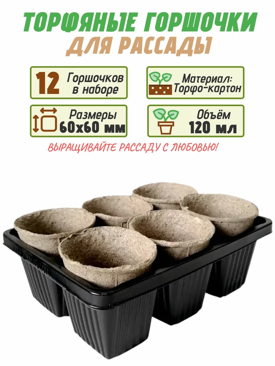 Торфяные горшочки для рассады, 12 штук на пластиковом поддоне, для проращивания рассады цветочных, овощных культур и зелени, луковиц и клубней