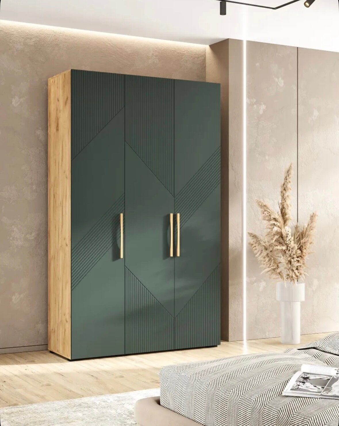 Шкаф Ирис 3х створчатый. 1.35 метра. Дуб Крафт золотой/Зеленый