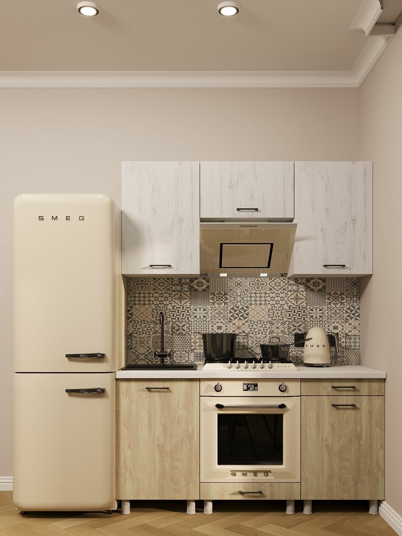 Кухня Палермо 1.6 м Дуб ост. серый/Дуб ост. бежевый с окапом со столешницей антарес 26 мм 1600х600х2170 тэкс